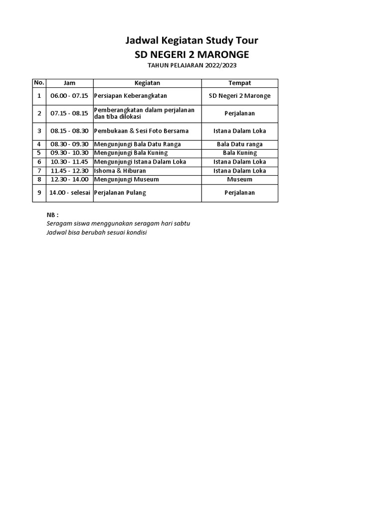 Jadwal Study Tour SD Negeri 2 Maronge | PDF