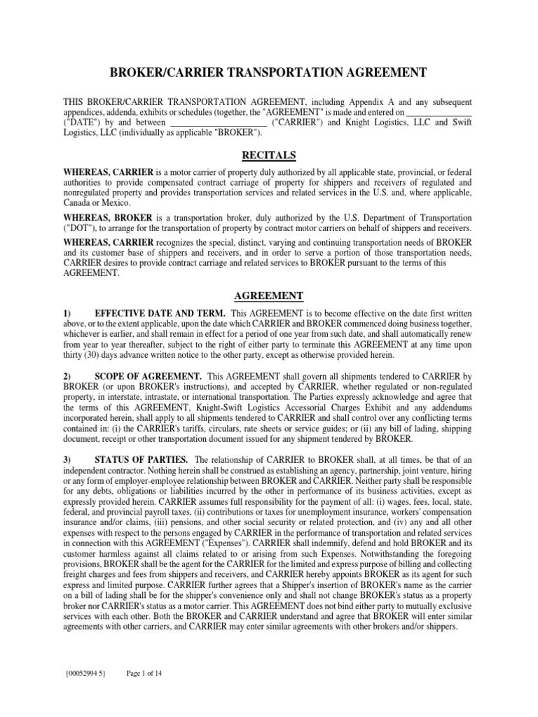 Broker-Carrier Transportation Agreement | PDF | Indemnity | Insurance
