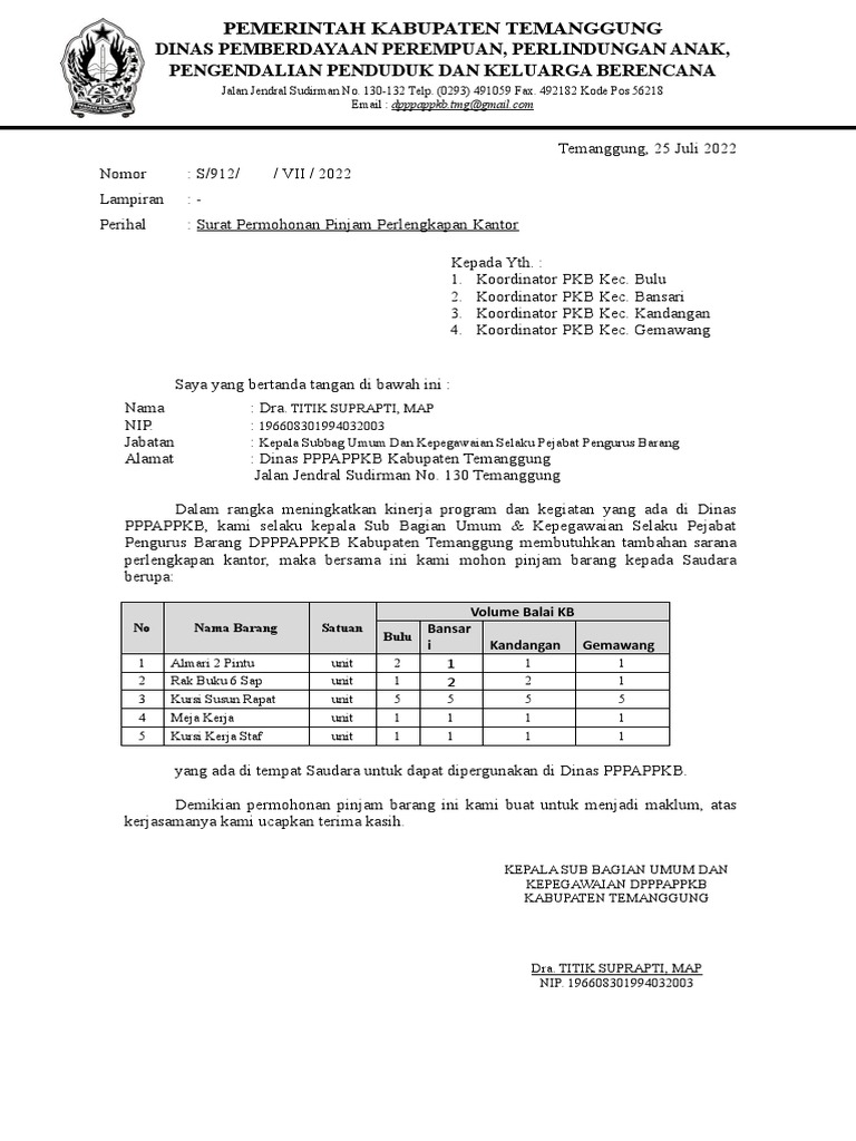 Surat Permohonan Pinjam Alat Kantor | PDF
