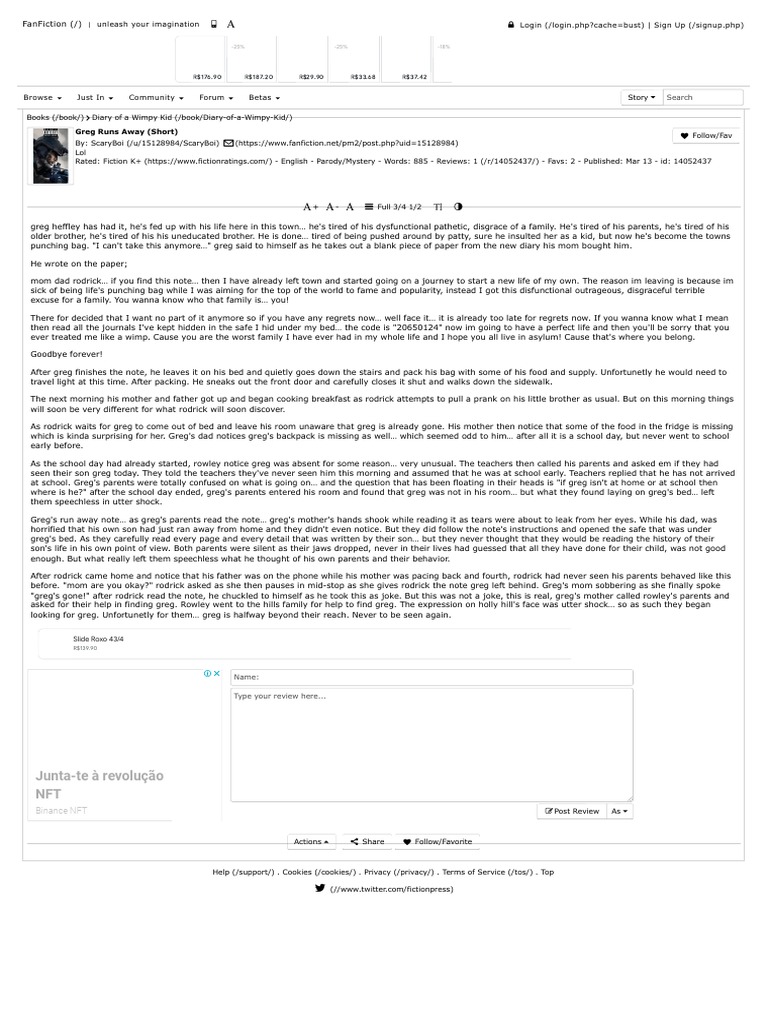 Greg Runs Away (Short), A Diary of A Wimpy Kid Fanfic - FanFiction | PDF