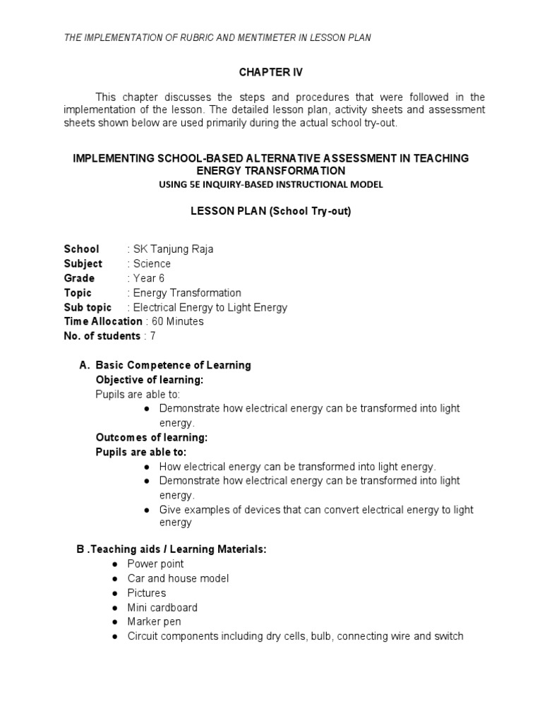Example The Implementation Lesson Plan Pdf Teachers Educational Assessment 