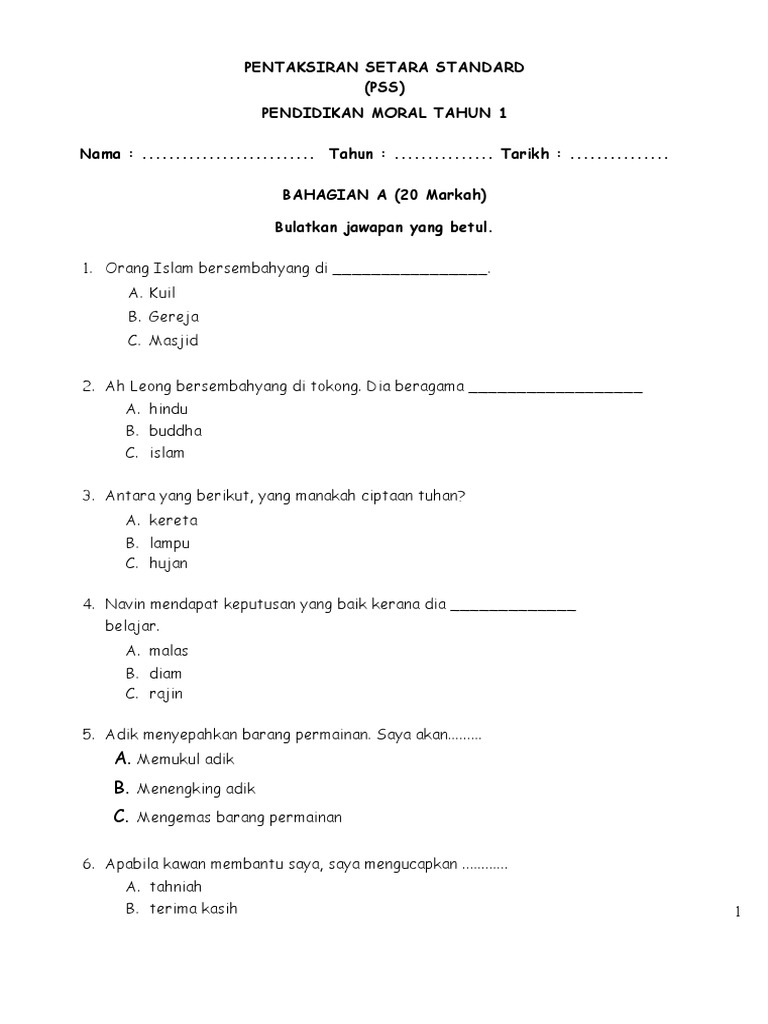 Soalan Pendidikan Moral Tahun 2 Pdf