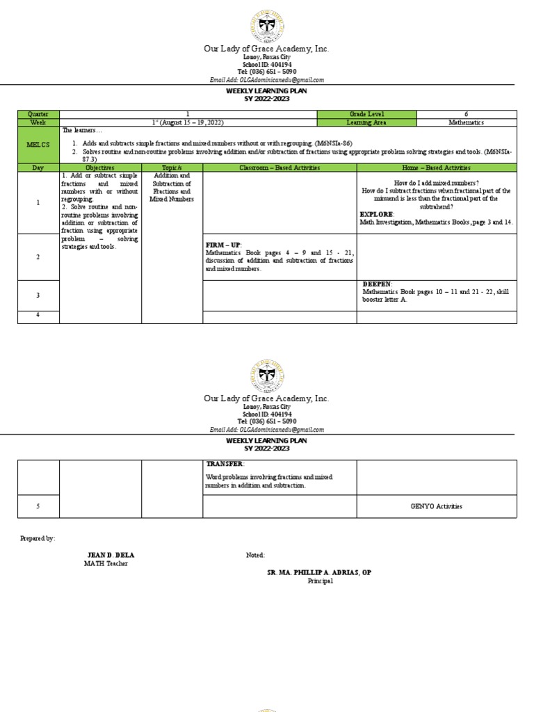 Our Lady of Grace Academy Weekly Math Plan Adds, Subtracts, Multiplies ...
