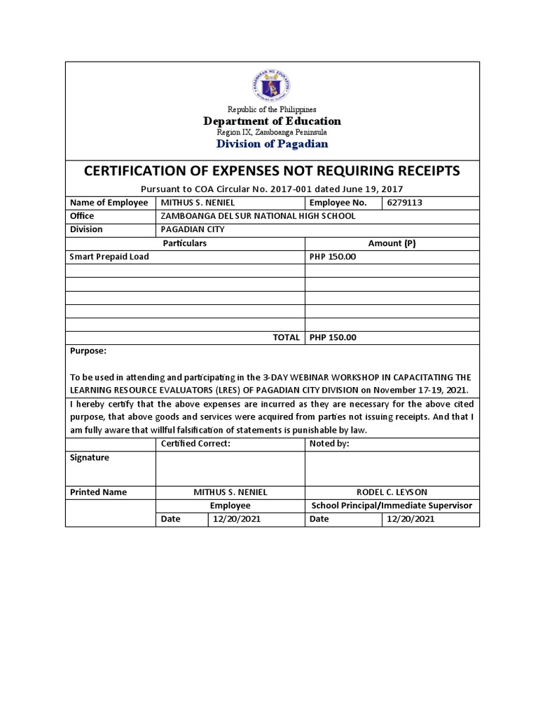 Certificate of Expenses Not Requiring Receipts | PDF