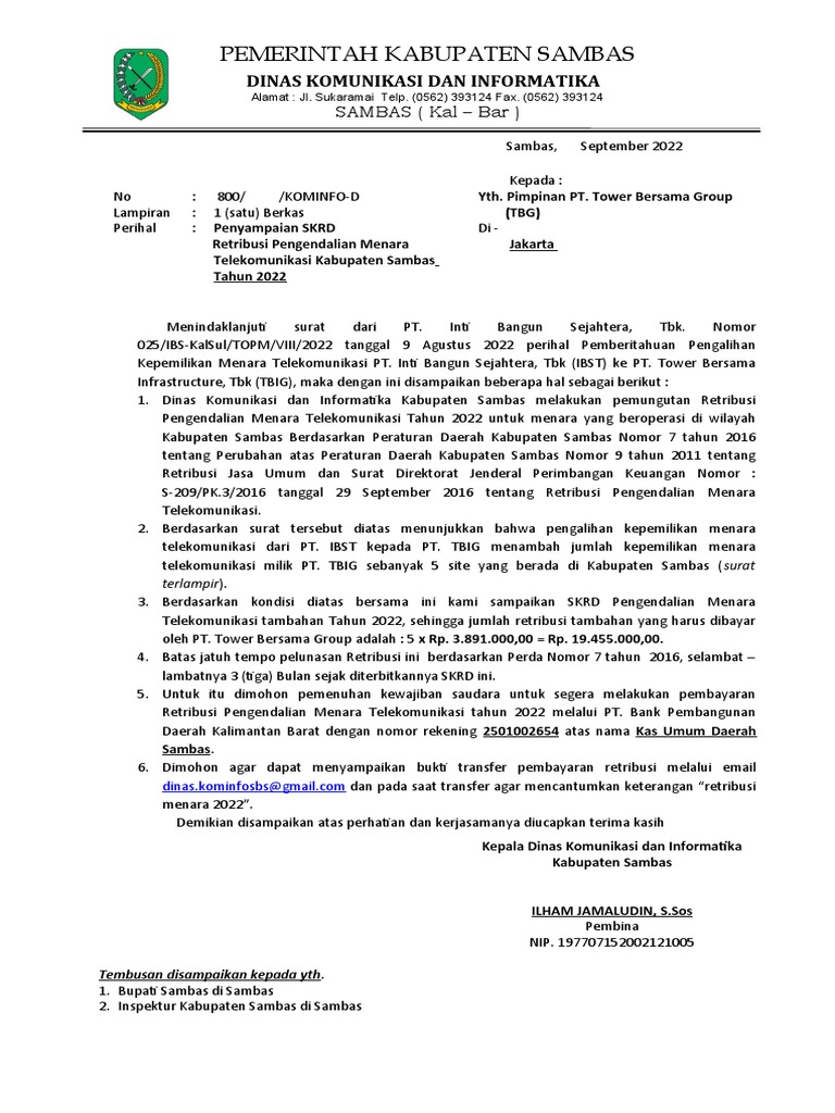 Surat Pengantar SKRD TBG 2022 - Pengalihan Dari PT. IBS | PDF