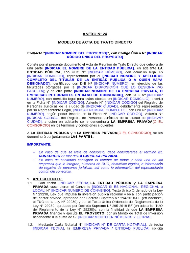 Anx. 24 Modelo de Acta de Trato Directo | PDF | Business | Arbitraje