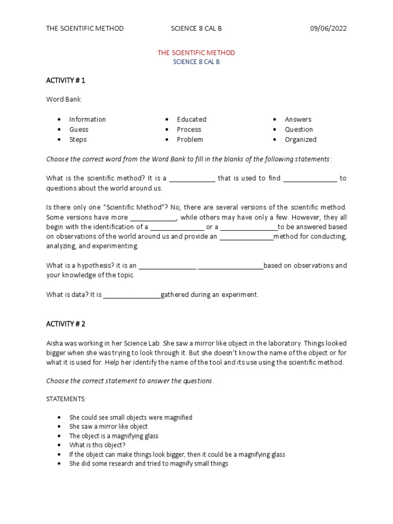 THE SCIENTIFIC METHOD WORKSHEET | PDF
