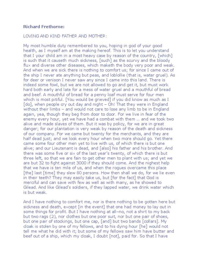 Richard Frethorne's Plea for Help | PDF