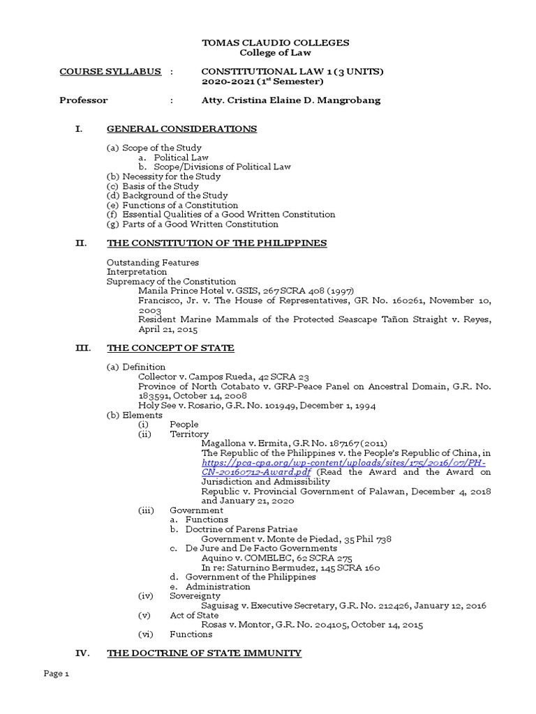 Syllabus Consti I | PDF | Commission On Elections (Philippines) | Benigno Aquino Iii