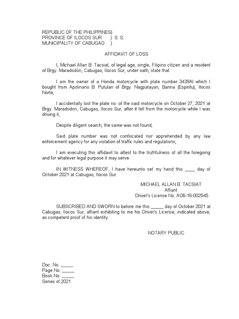 Affidavit of Loss Plate Number | PDF