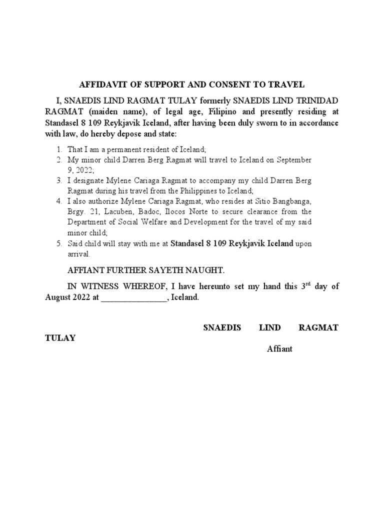 Affidavit of Support and Consent To Travel | PDF