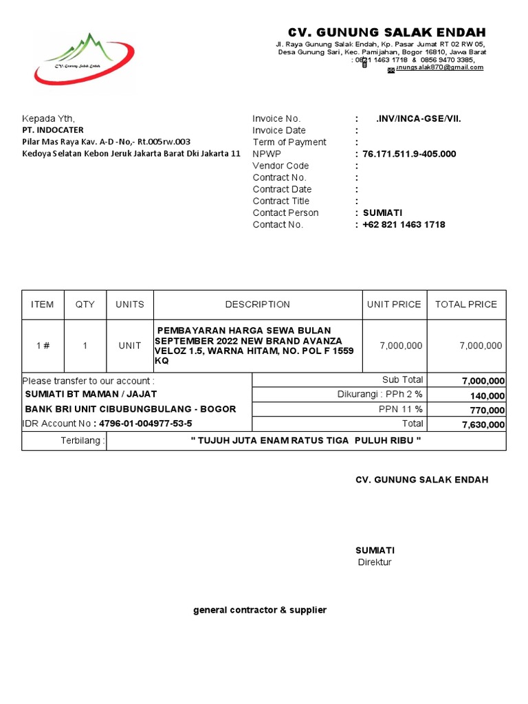 Invoice Pembayaran Sewa Mobil September | PDF