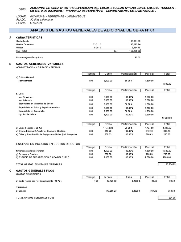 Desagregado de Gastos Generales de Adicional de Obra #01 | Descargar gratis PDF | Economias