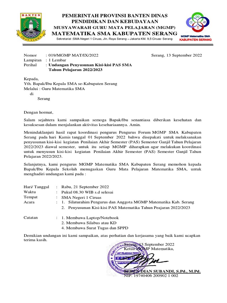 Surat Undangan Penyusunan Kisi-Kisi PAS | PDF