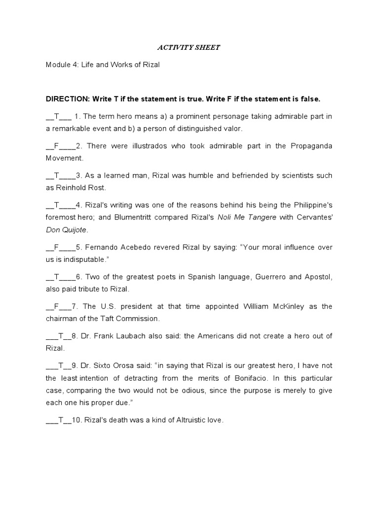 ACTIVITY SHEET' LIFE AND WORKS OF RIZAL Socsci4 | PDF | Conservatism ...