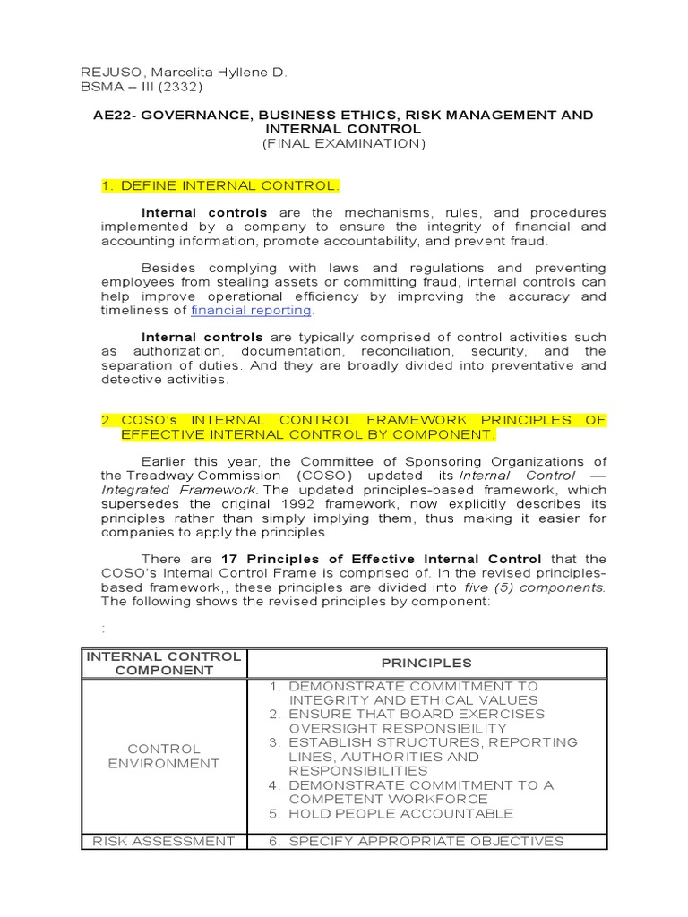 Internal Controls | PDF | Internal Control | Risk