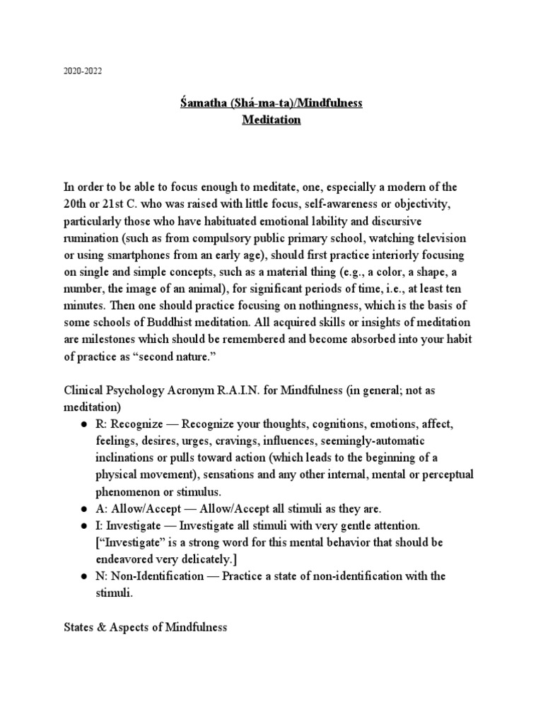 Śamatha (Shá-Ma-Ta) /mindfulness Meditation | PDF | Mind | Thought
