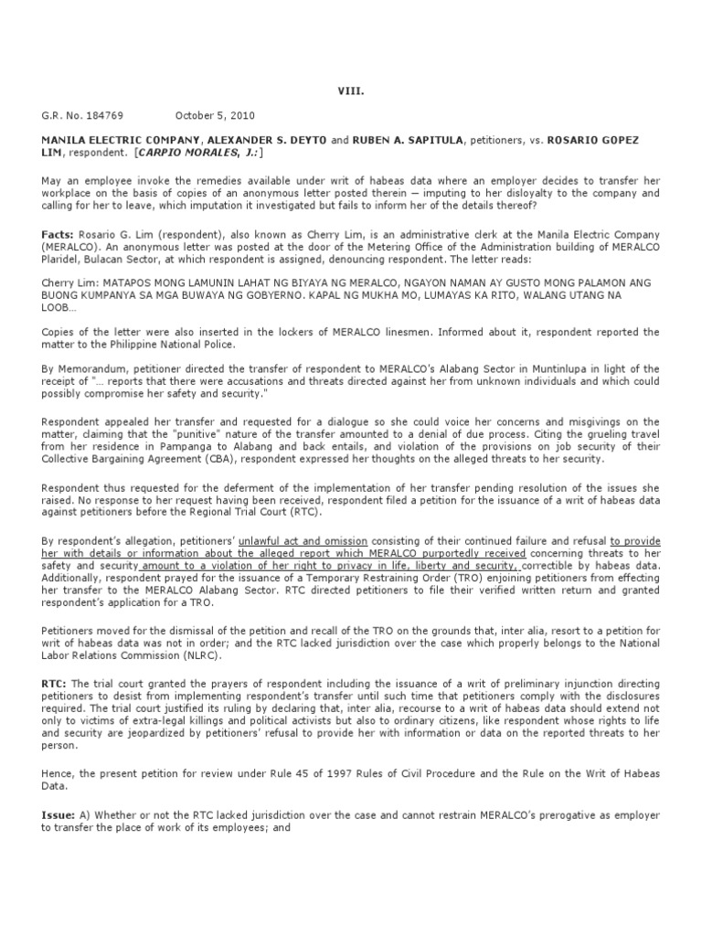 MERALCO Vs Lim (Writ of Habeas Data) | PDF | Habeas Corpus | Injunction