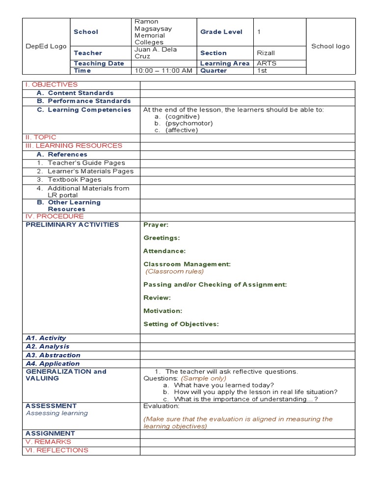 Grade 1 Arts Lesson Plan Template | PDF