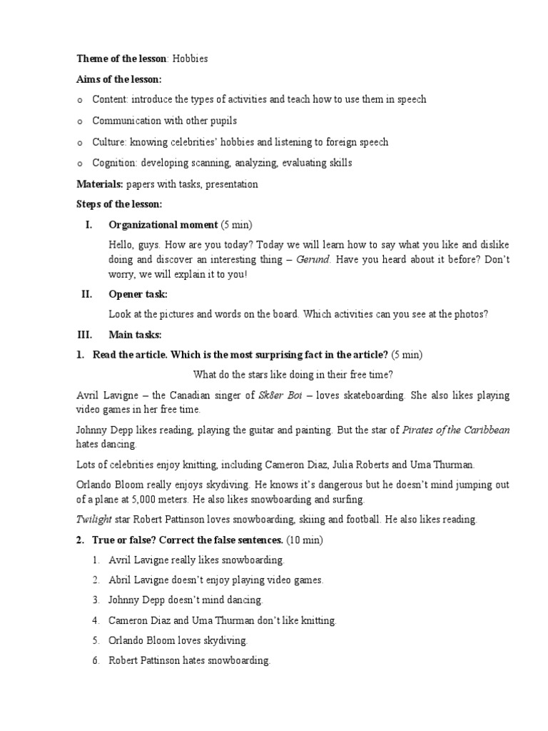 Hobbies | PDF | Verb | Sentence (Linguistics)