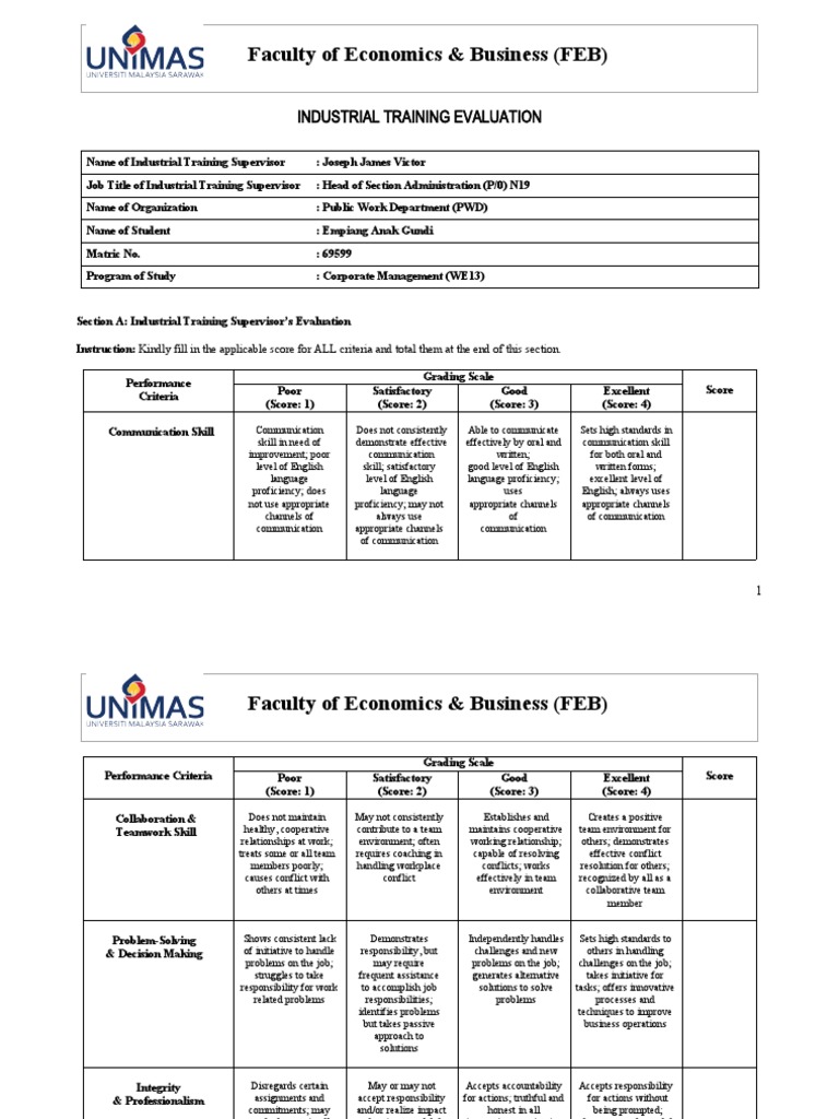 Industrial Training Evaluation (By Industry Supervisor) v2 | PDF ...