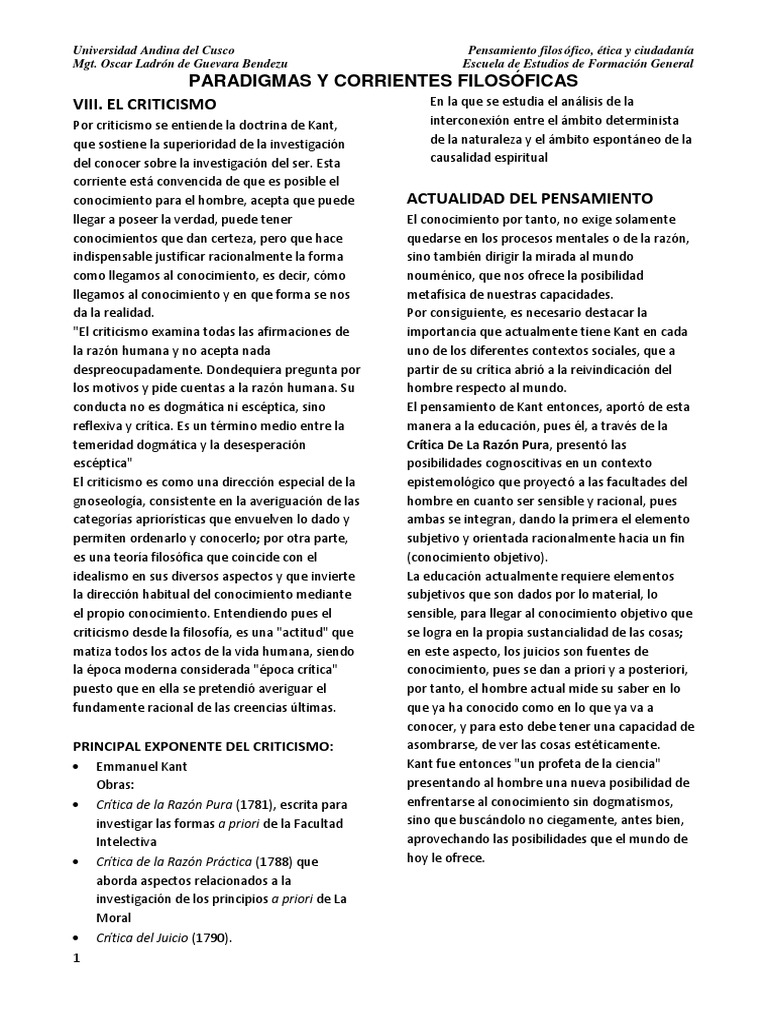 El Criticismo en Kant: Filosofía y Conocimiento | PDF | Conocimiento ...