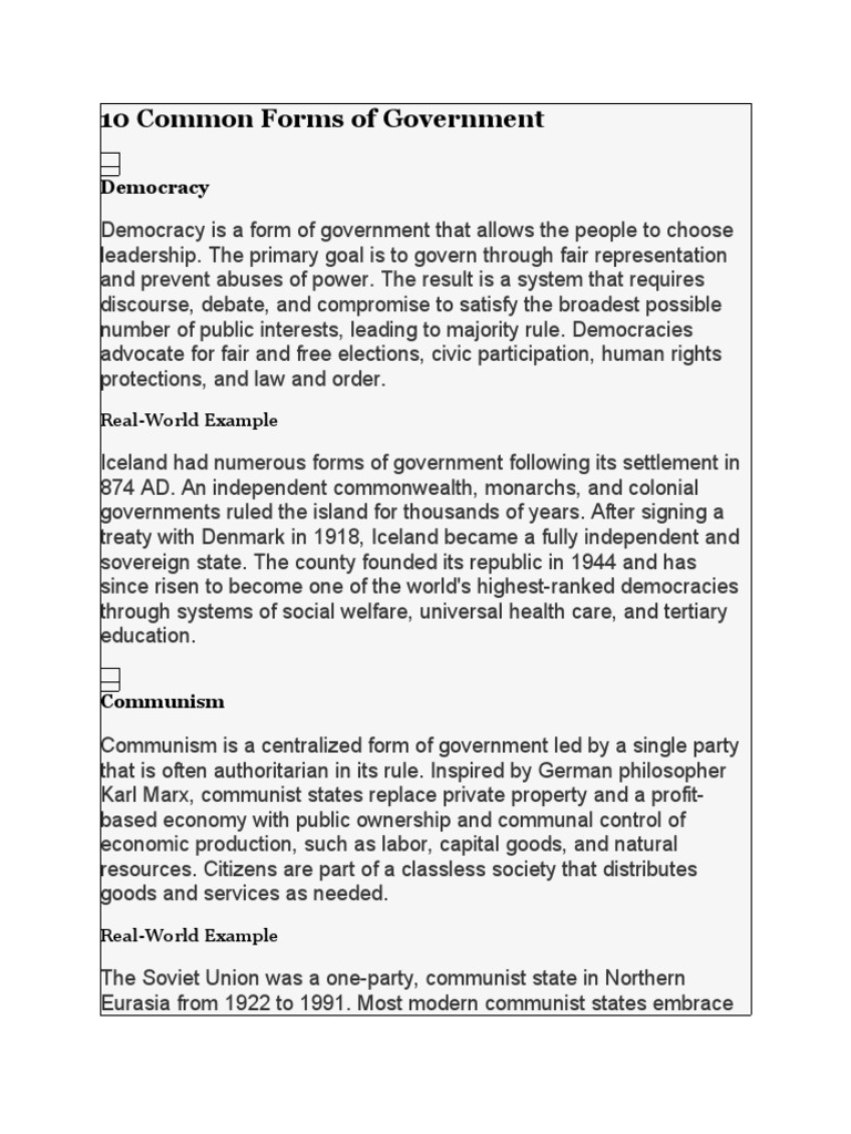 10 Common Forms of Government Explained | PDF | Communism | Monarchy
