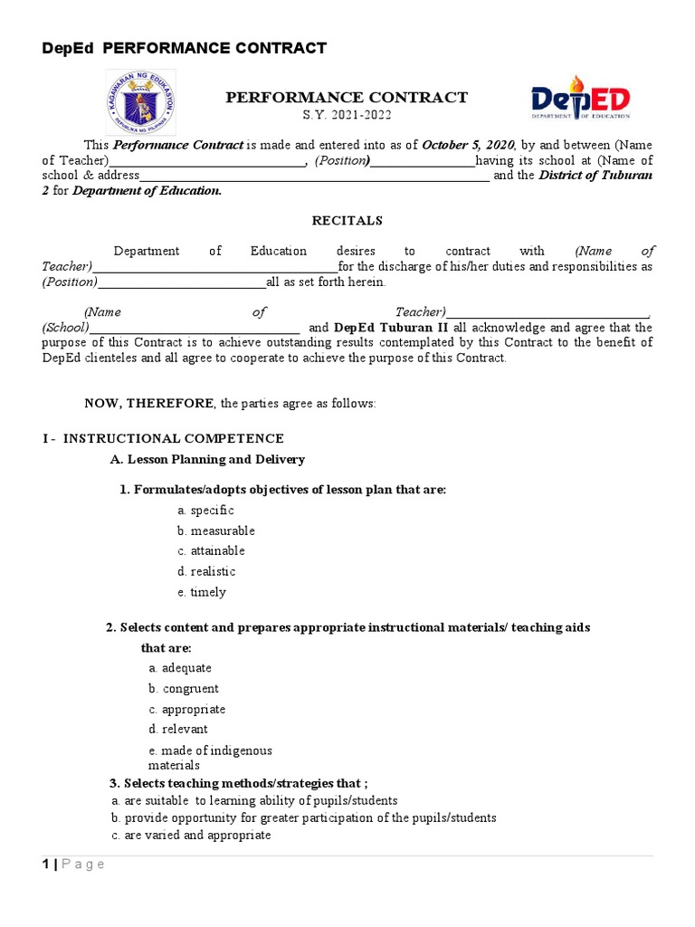 Deped Performance Contract Template | PDF | Teaching Method ...
