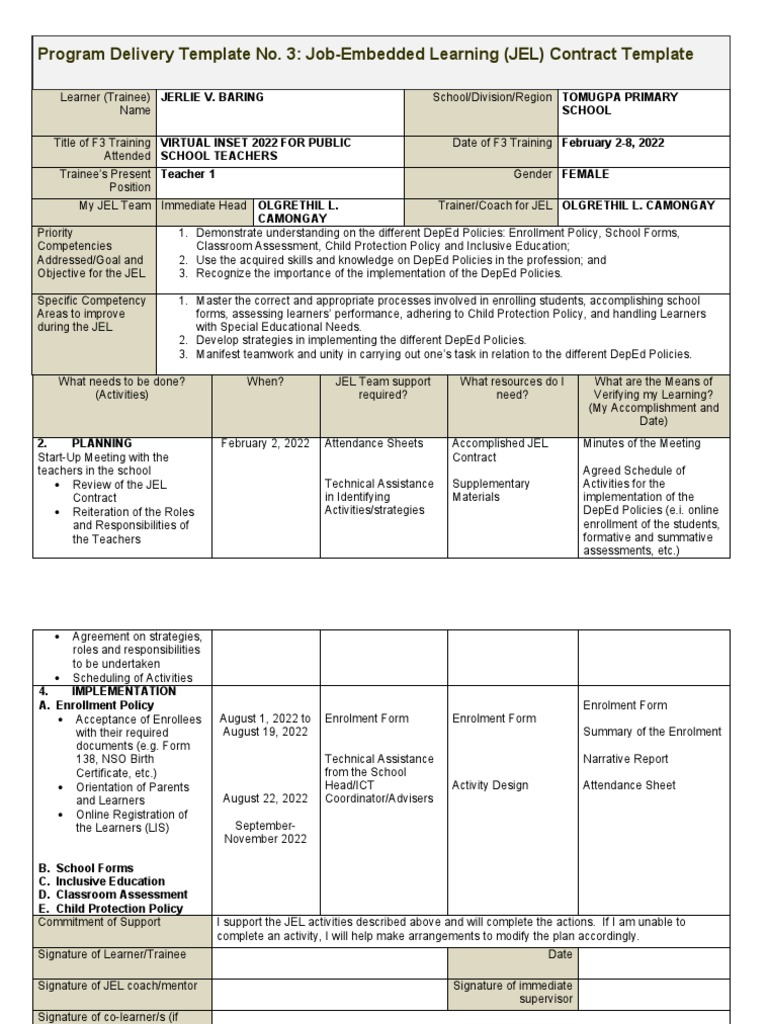 JEL Contract Sample INSET 1 | PDF | Teachers | Inclusion (Education)