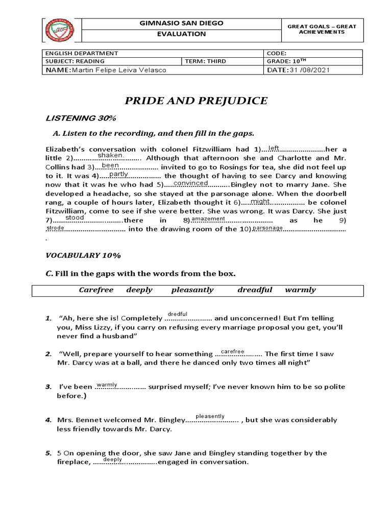 Pride & Prejudice Assessment | PDF | Mr. Darcy | Pride And Prejudice