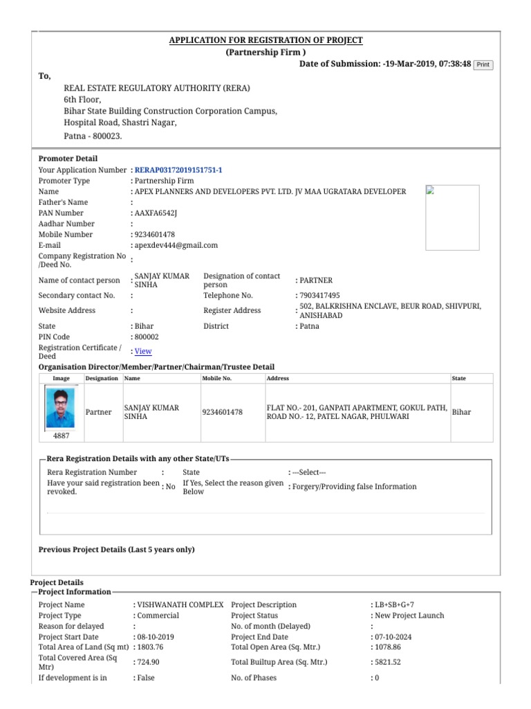 RERA Registration Application for Partnership Firm | PDF