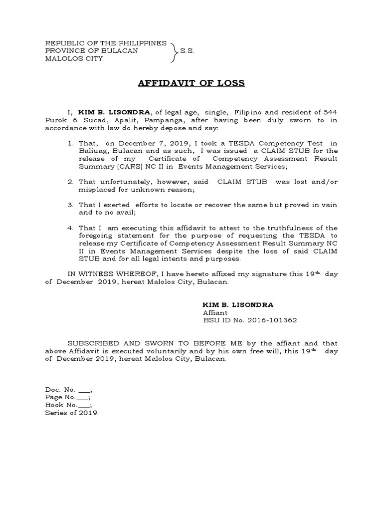 Affidavit of Loss NC Ii | PDF | Affidavit | Public Law