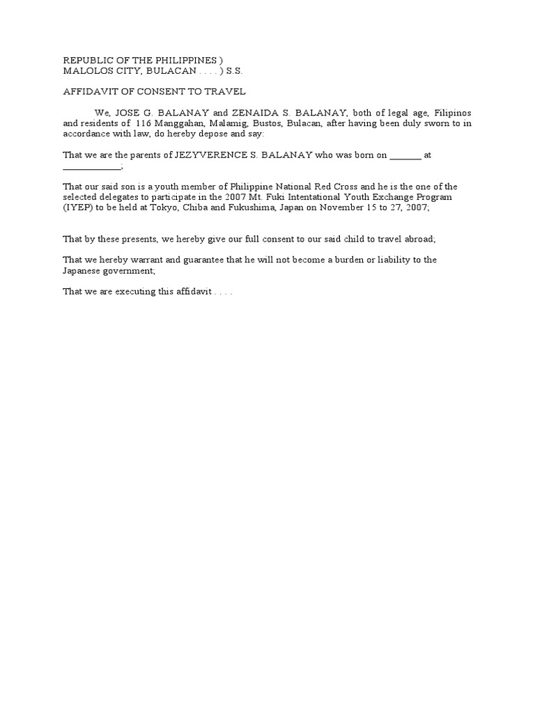 Affidavit of Consent for Minor Travel | PDF | Affidavit | Legal Documents