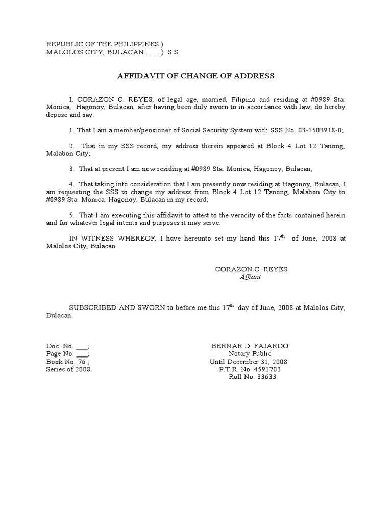Affidavit of Change of Address | PDF | Affidavit | Legal Documents