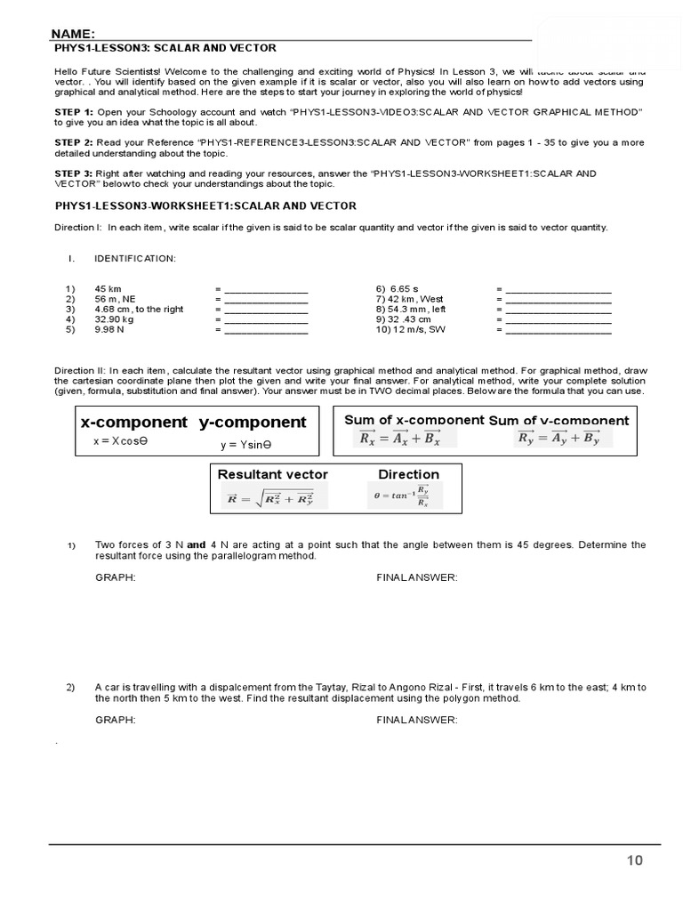 Scalar and Vector Worksheet | PDF | Euclidean Vector | Cartesian ...