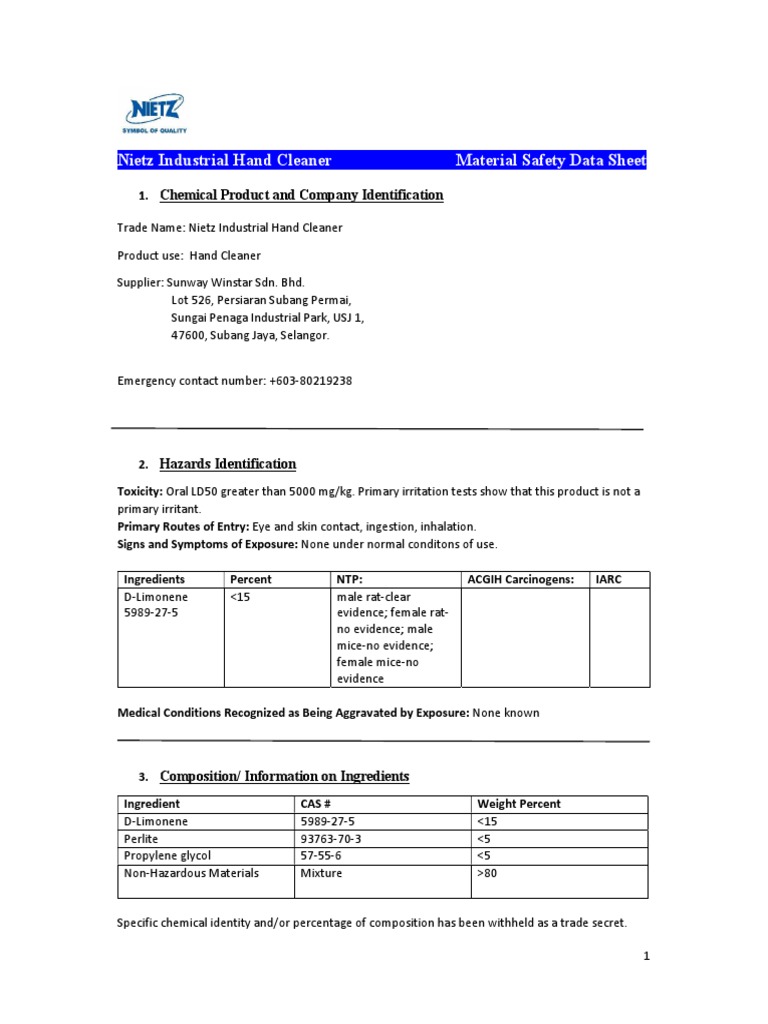 Nietz Industrial Hand Cleaner MSDS | PDF | Firefighting | Water