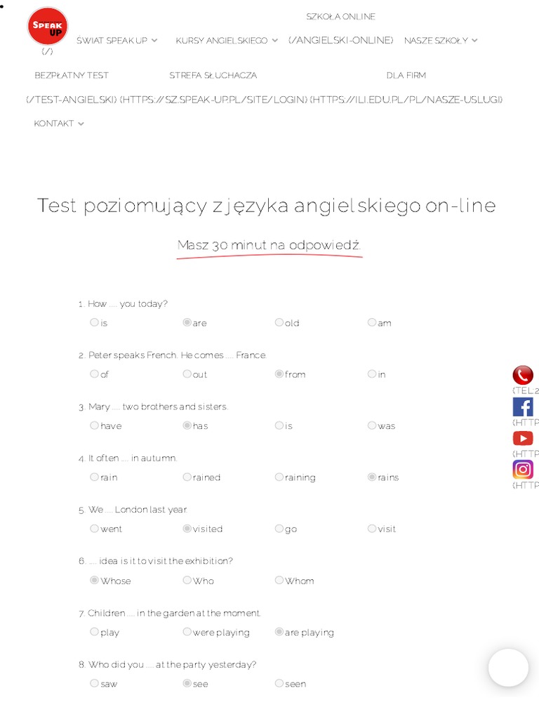 Test Angielskiego Online - Sprawdź Poziom Angielskiego - Speak Up | PDF ...