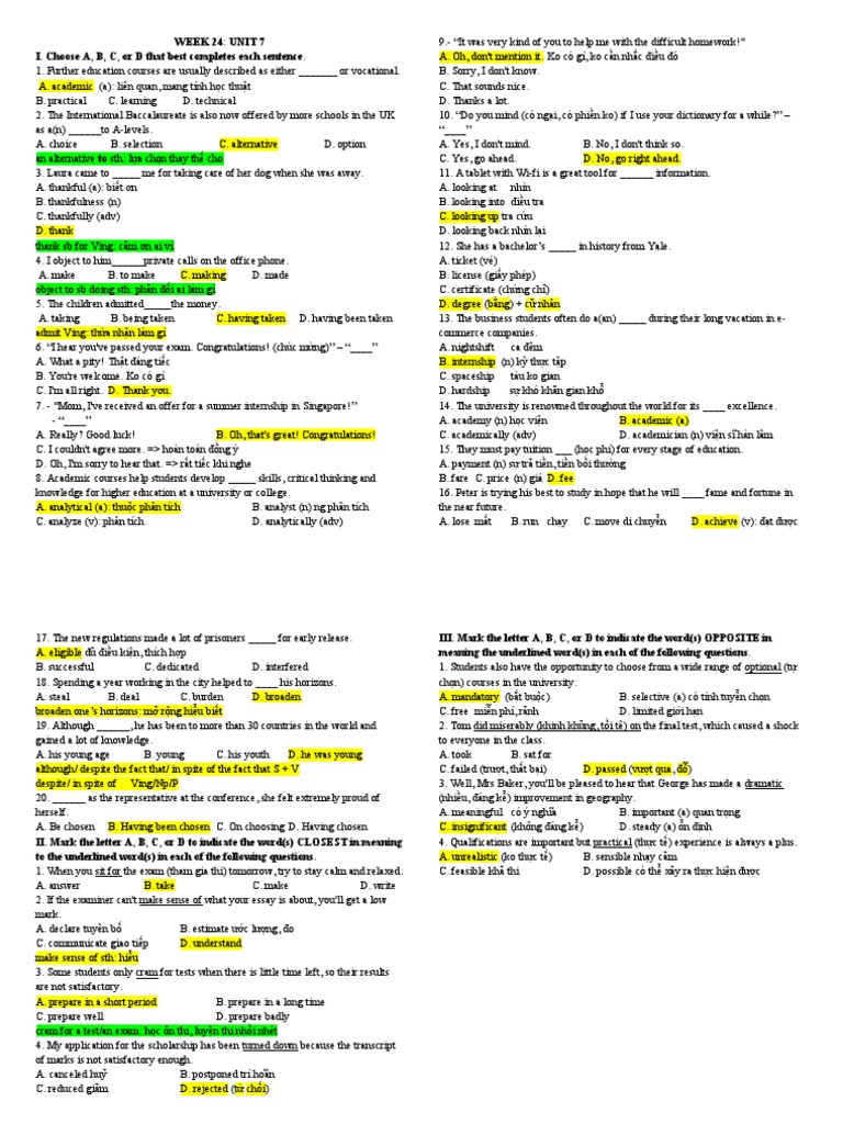 Week 24: Unit 7 I. Choose A, B, C, or D That Best Completes Each ...