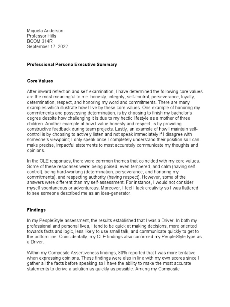 Professional Persona Executive Summary Core Values | PDF | Nonverbal ...