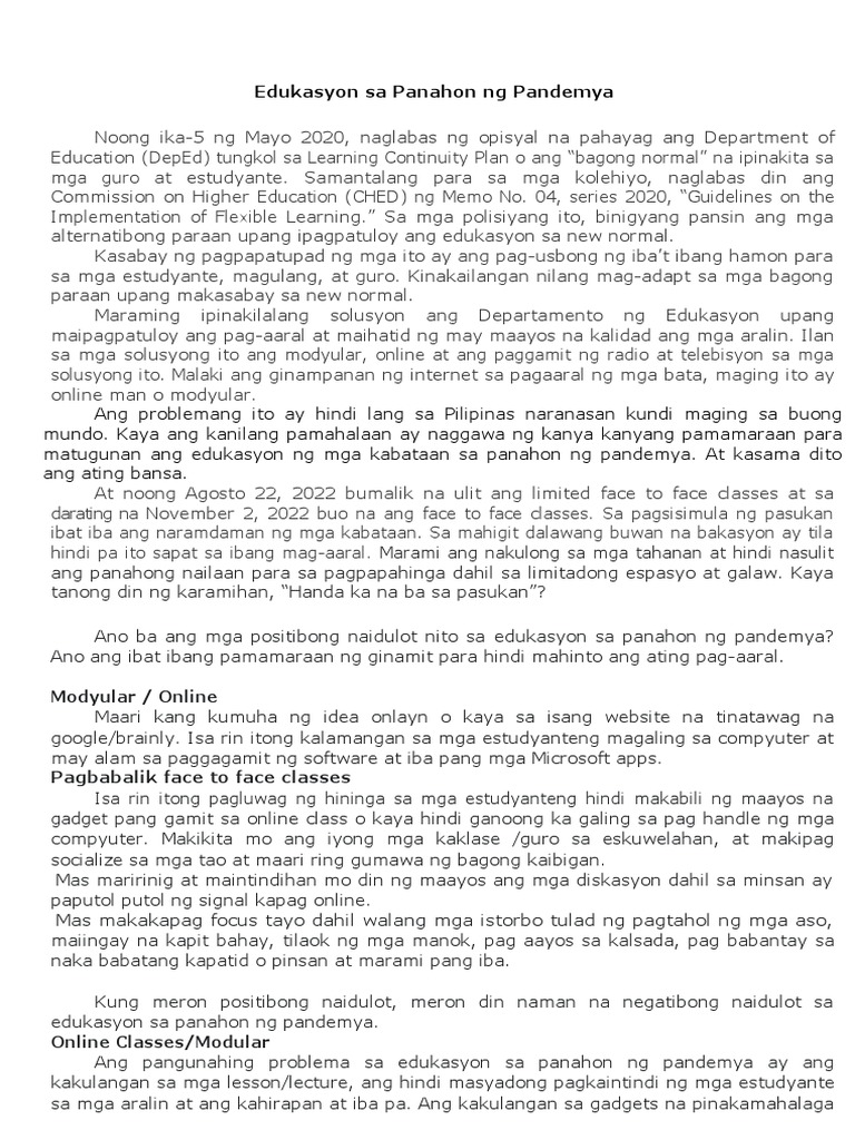 Edukasyon Sa Panahon NG Pandemya | PDF