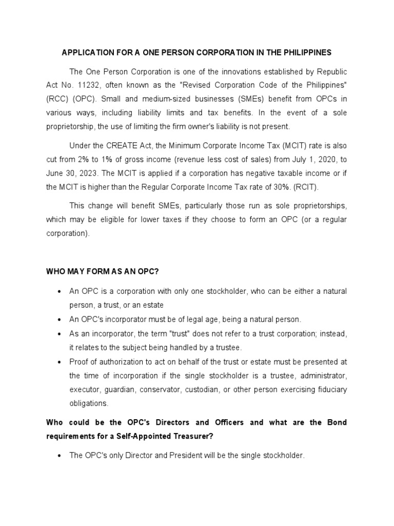 One Person Corporation | PDF | Trust Law | Corporations