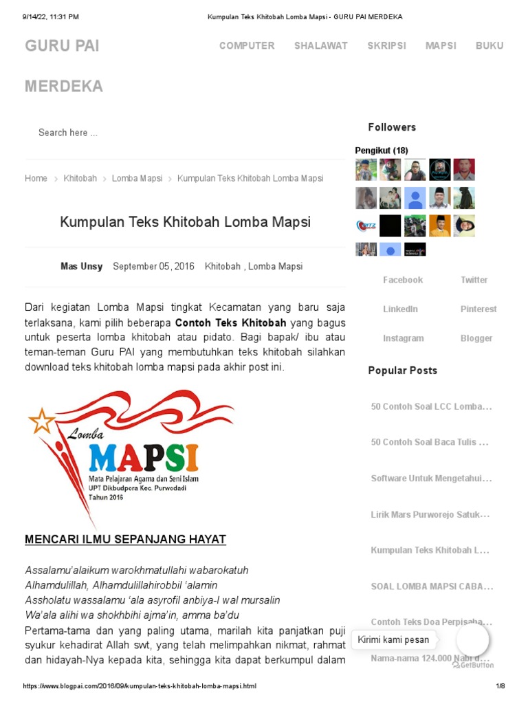 Kumpulan Teks Khitobah Lomba Mapsi - GURU PAI MERDEKA | PDF