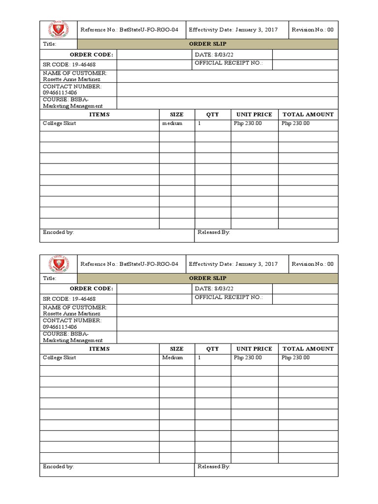 BatStateU FO RGO 04 - Order Slip | PDF