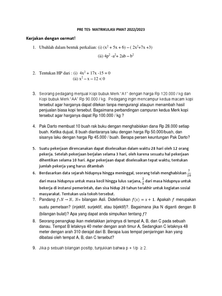 Pretest Ujian Matrikulasi 2022/2023 | PDF