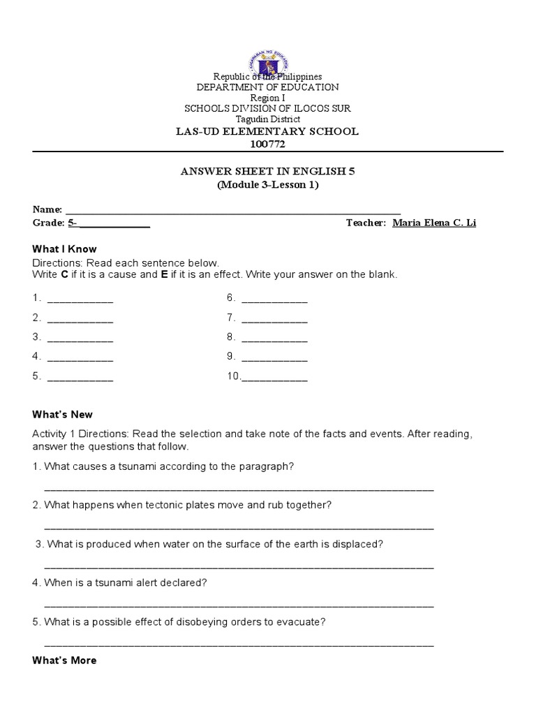 Answer Sheet Eng 5 Module 3 Lesson 1 Pdf Linguistics