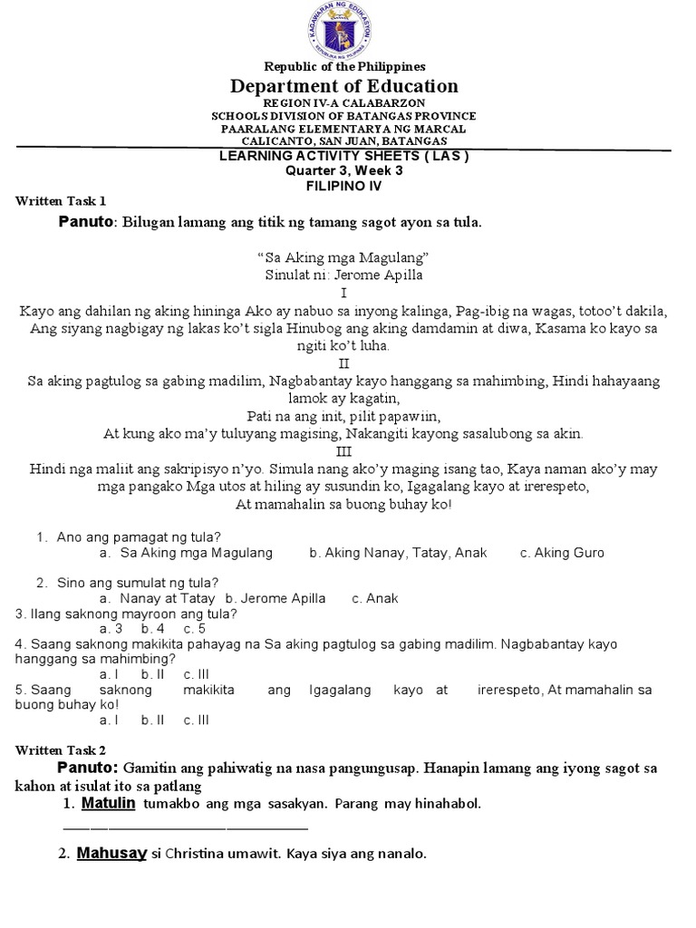 Grade 4 LAS Q3 W3 FIL | PDF