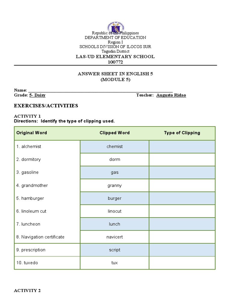 ANSWER SHEET ENGLISH 5 Mod 5 | PDF