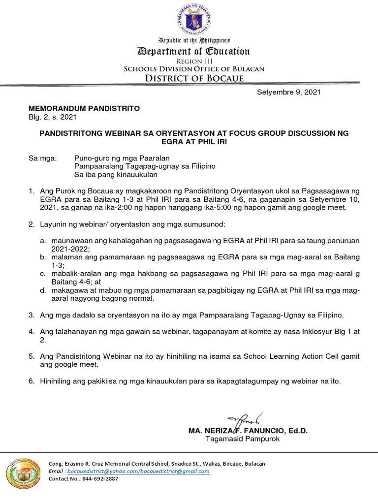 District Memo No 2 s2021 EGRA & Phil IRI | PDF