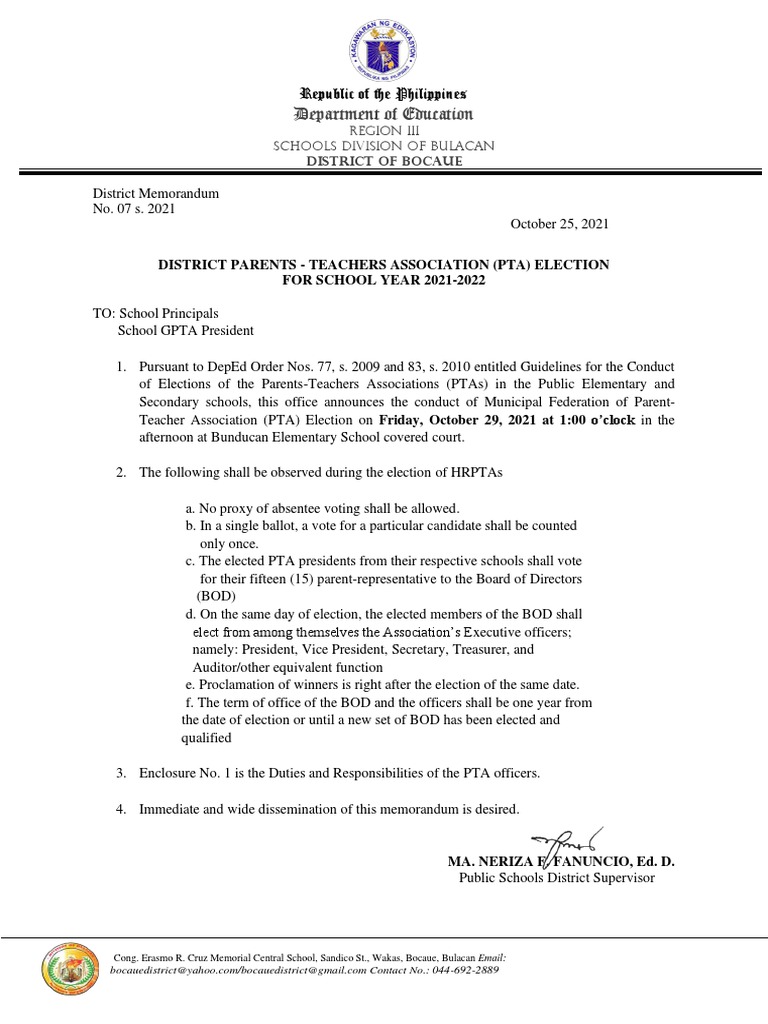 2021-2022 Bocaue PTA Election Guide | PDF | Government | Elections