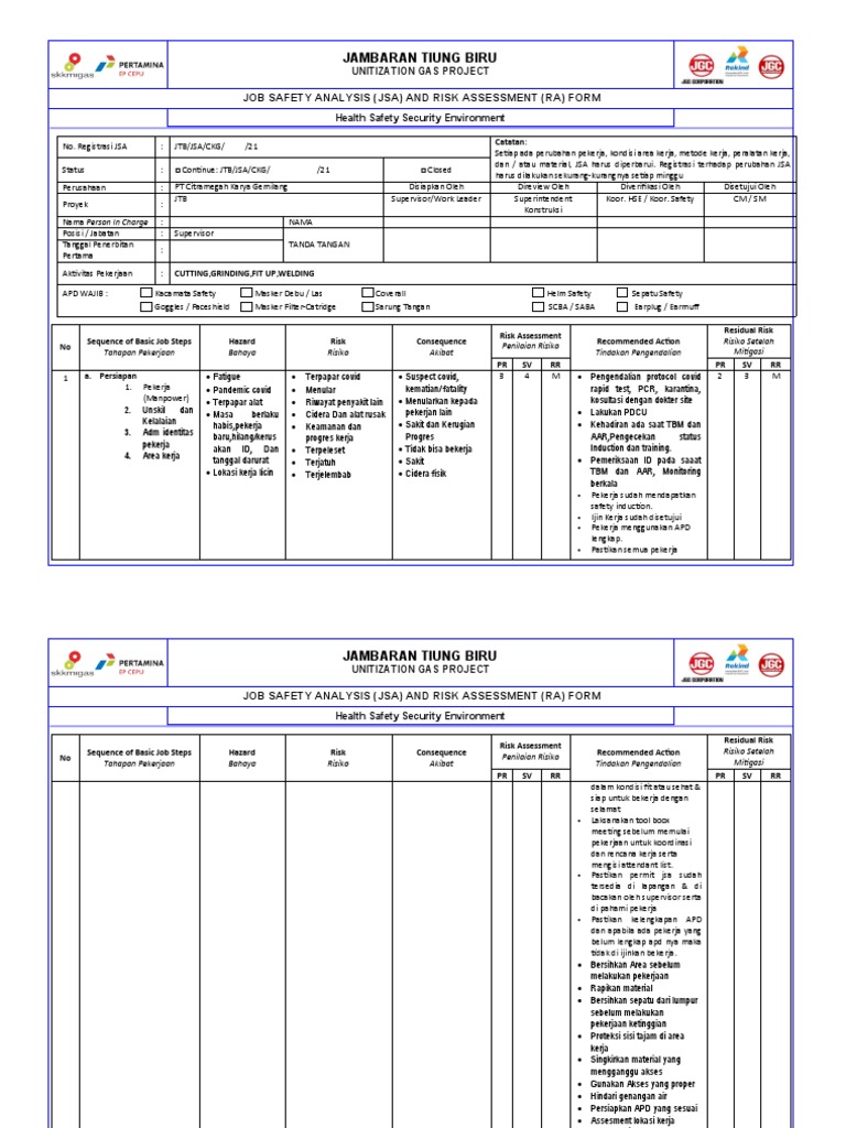 Form JSA Welding, Cutting, Grinding | PDF